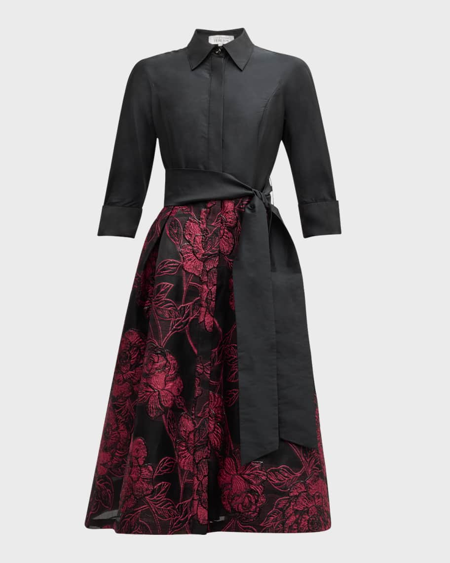 Rickie Freeman for Teri Jon Tie-Waist Floral Jacquard Midi Shirtdress ...