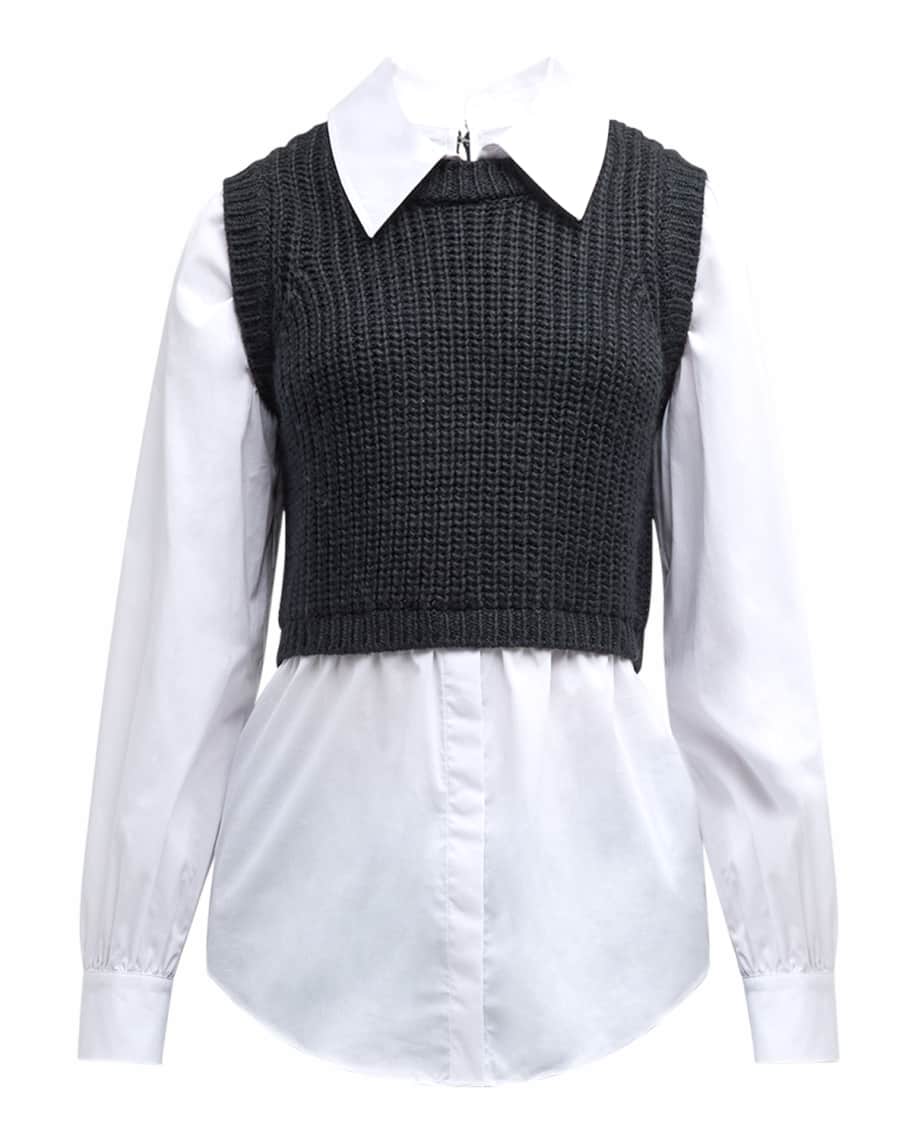Cinq a Sept Mara Shaker Stitch Combo Pullover Shirt | Neiman Marcus