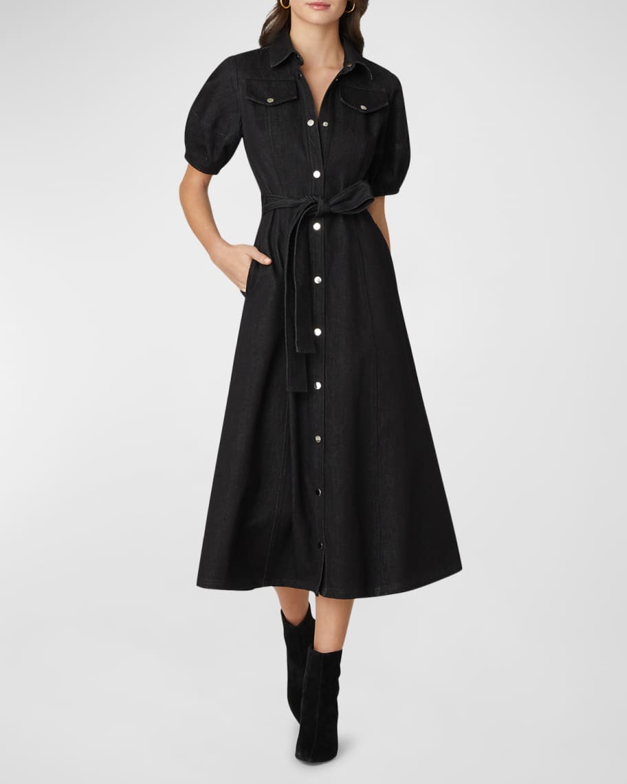 Shoshanna Mara Puff-Sleeve Denim Midi Shirtdress | Neiman Marcus