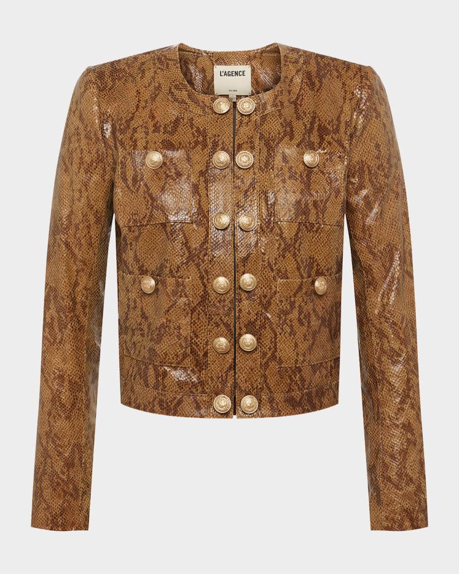 L'Agence Jayde Snake-Printed Leather Collarless Jacket | Neiman Marcus