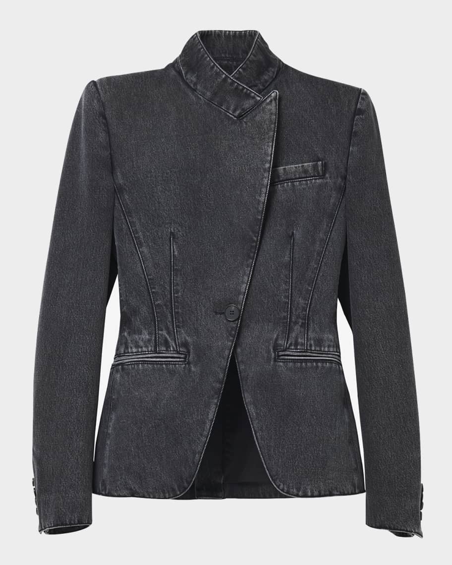 McQueen High-Neck Wrap Denim Jacket | Neiman Marcus