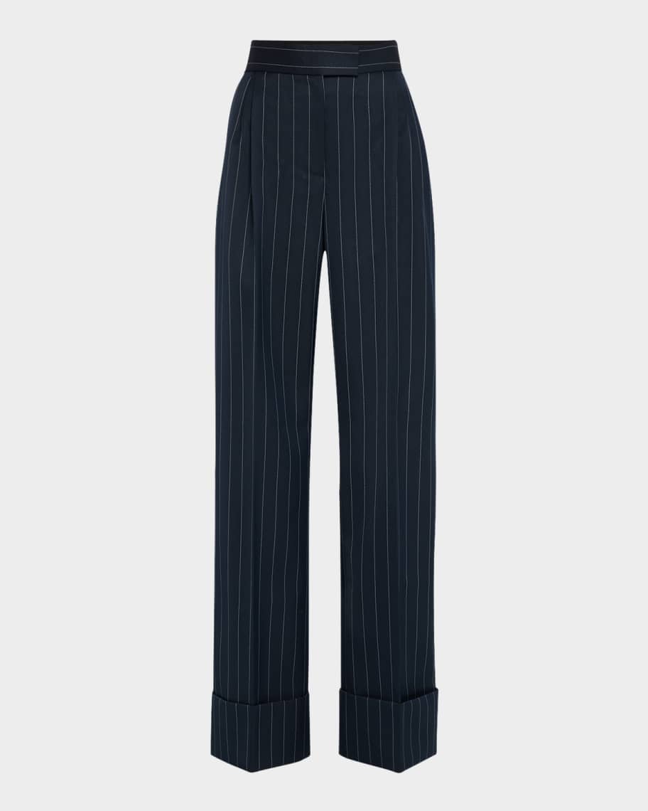 LaQuan Smith Pinstripe Wide-Leg Cuff Trousers | Neiman Marcus