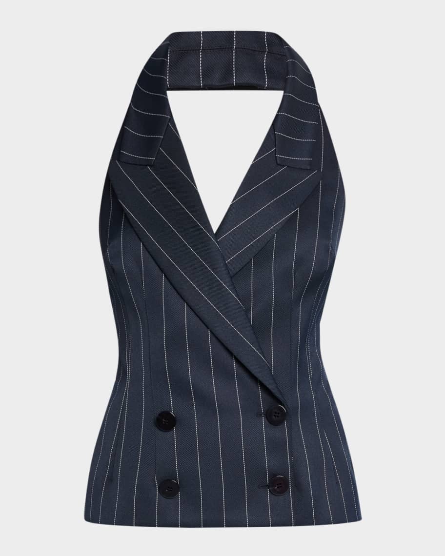 LaQuan Smith Pinstripe Double-Breasted Tailored Halter Vest | Neiman Marcus