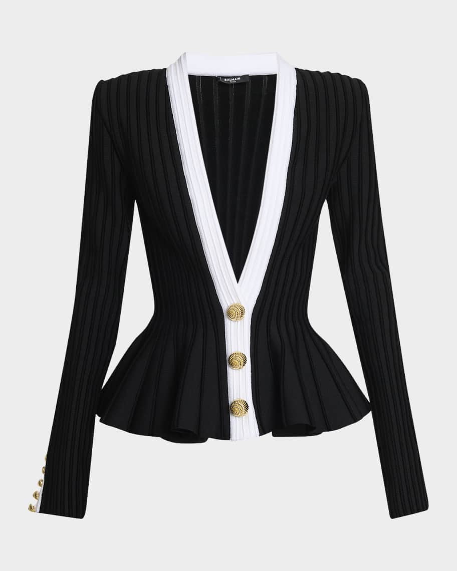 Balmain V-Neck Velvet Knit Peplum Jacket | Neiman Marcus