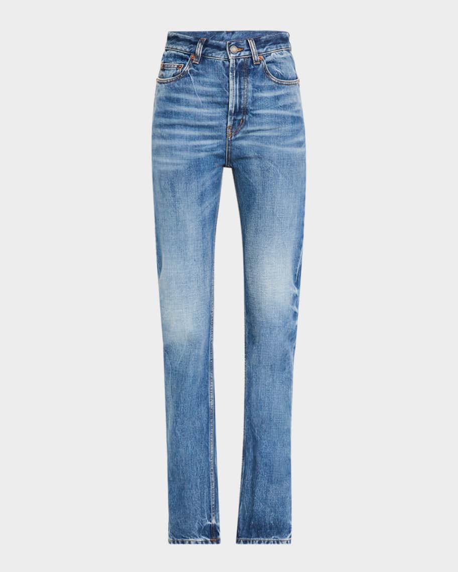 Saint Laurent Mid-Rise Faded Denim Bootcut Jeans | Neiman Marcus
