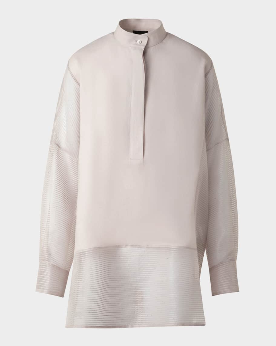 Akris Mixed-Media Linen Toile Striped Organza Tunic Blouse | Neiman Marcus