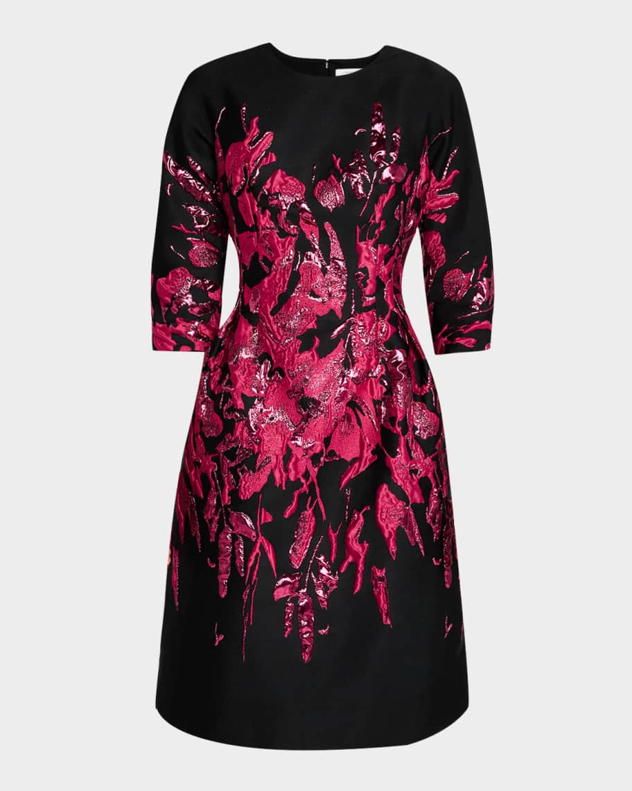 Rickie Freeman for Teri Jon 3/4-Sleeve Border Metallic Jacquard Dress ...