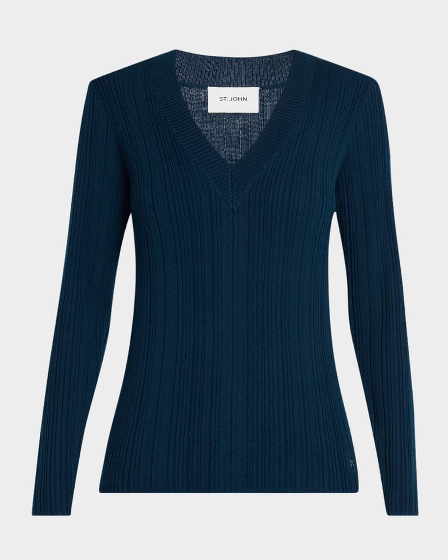 St. John Plaited Rib Knit V-Neck Sweater | Neiman Marcus