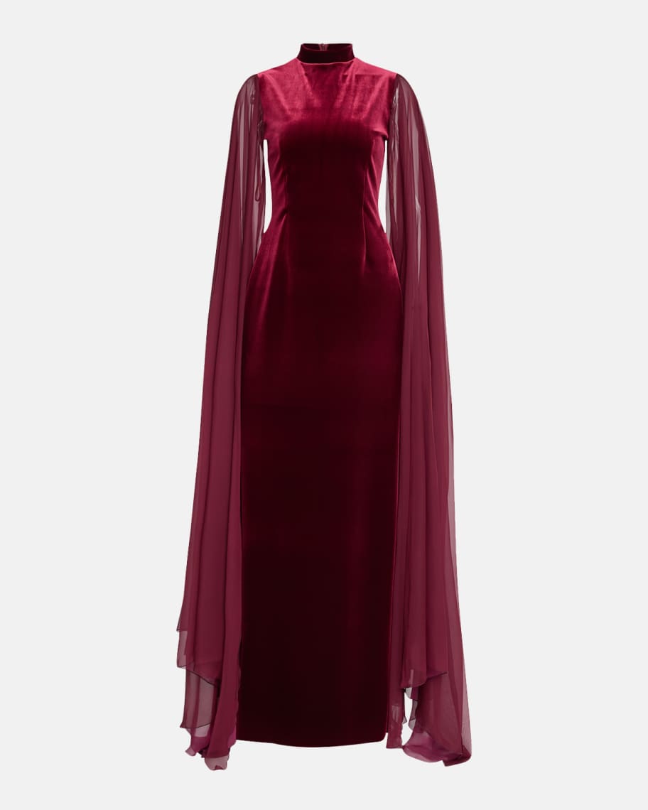 Chiara Boni La Petite Robe Cape-Sleeve Velvet Column Gown | Neiman Marcus