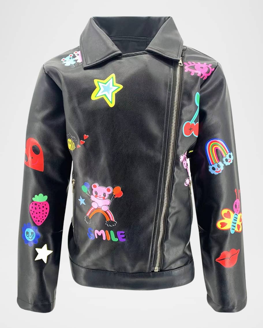 Lola + The Boys Girl's Vegan Leather Moto Jacket W/ Graphic Doodles ...