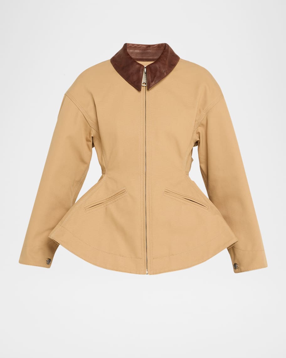 McQueen Waisted Canvas Full-Zip Jacket with Lambskin Collar | Neiman Marcus
