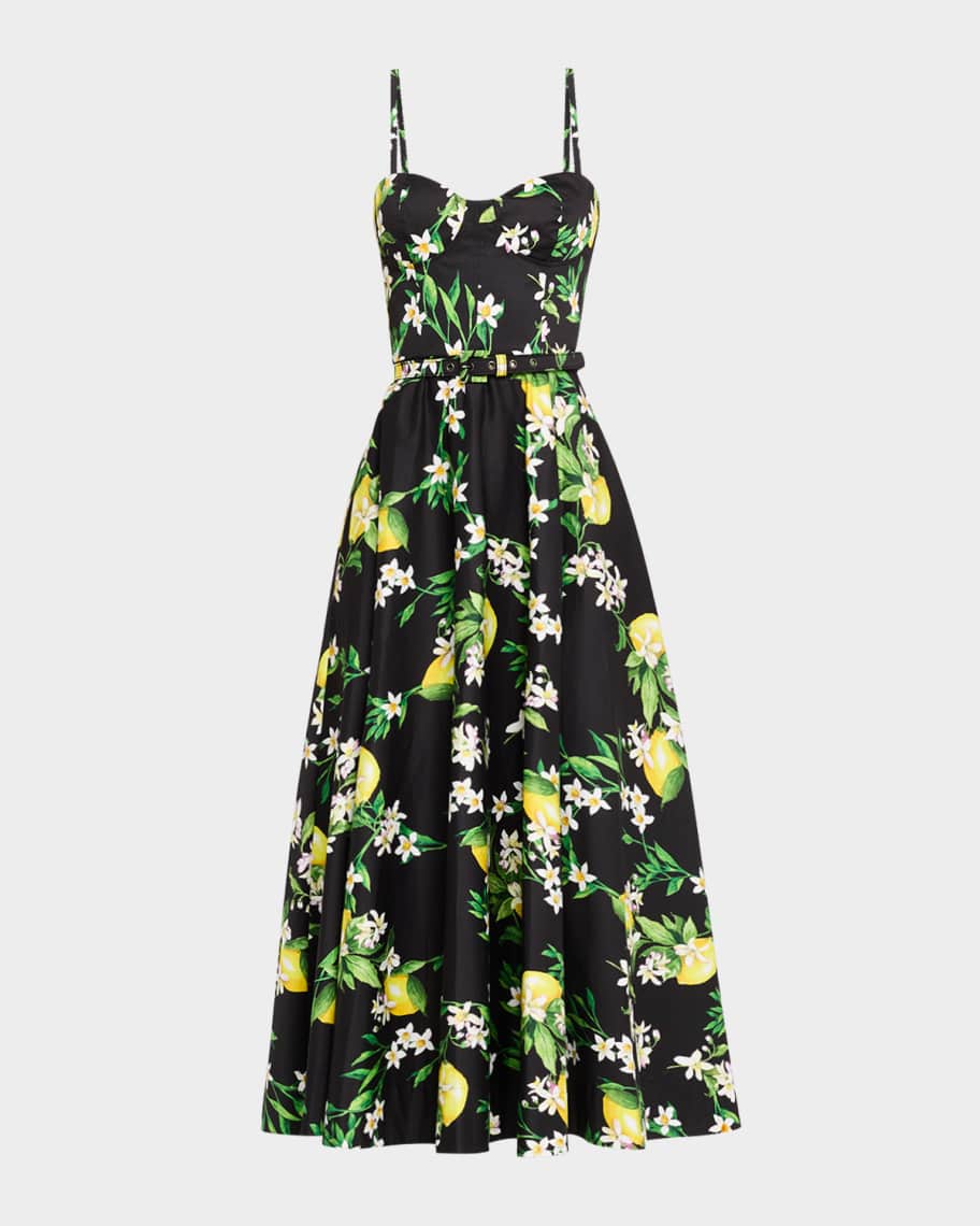 Monique Lhuillier Lemon-Print Sleeveless Belted Corset Midi Dress ...