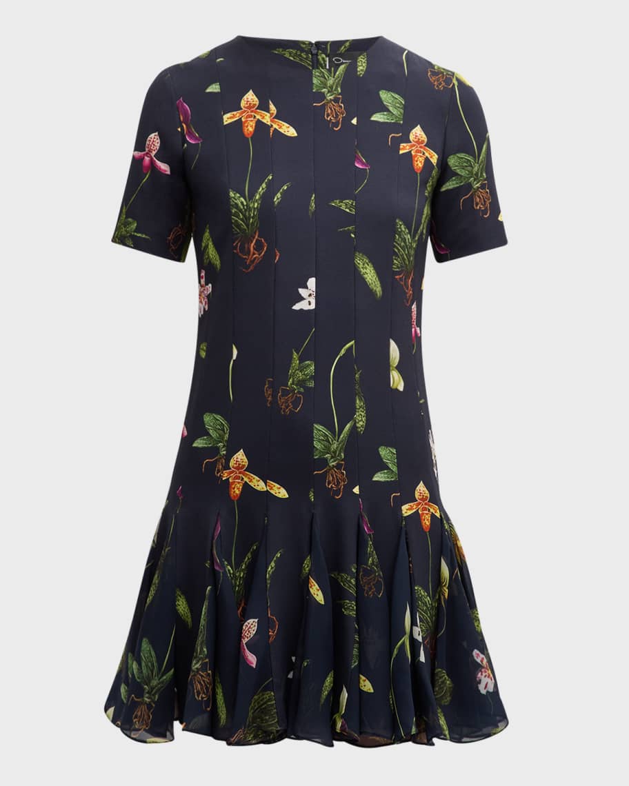Oscar de la Renta Orchids Cady Chiffon-Inset Mini Dress | Neiman Marcus