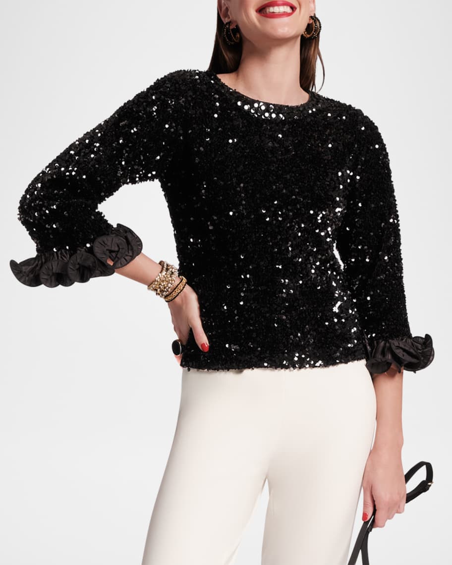 Frances Valentine Plaza Sequin Ruffle-Cuff Top | Neiman Marcus