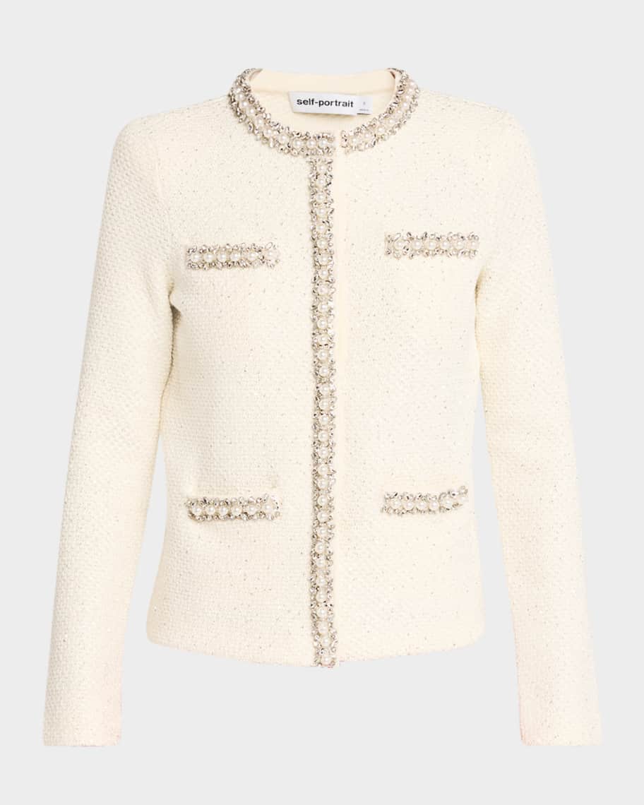 Self-Portrait Embellished Textured Knit Cardigan | Neiman Marcus