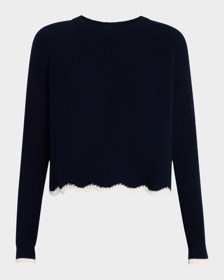 Autumn Cashmere Tipped Scallop Shaker-Knit Crewneck Cashmere Sweater ...