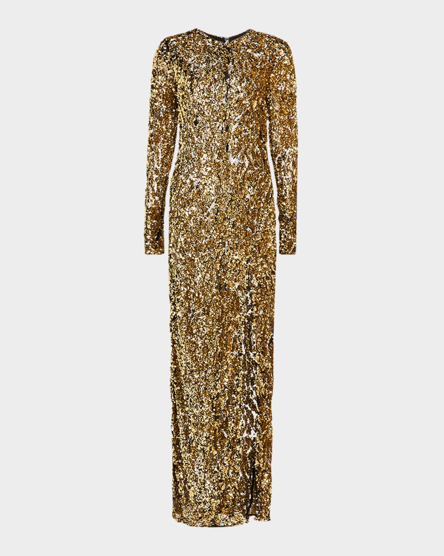 LAPOINTE Abstract Sequin Long-Sleeve Slit Gown | Neiman Marcus