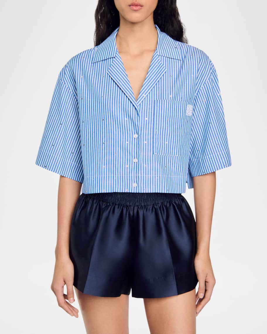Sandro Meteor Embellished Pinstripe Cropped Shirt | Neiman Marcus