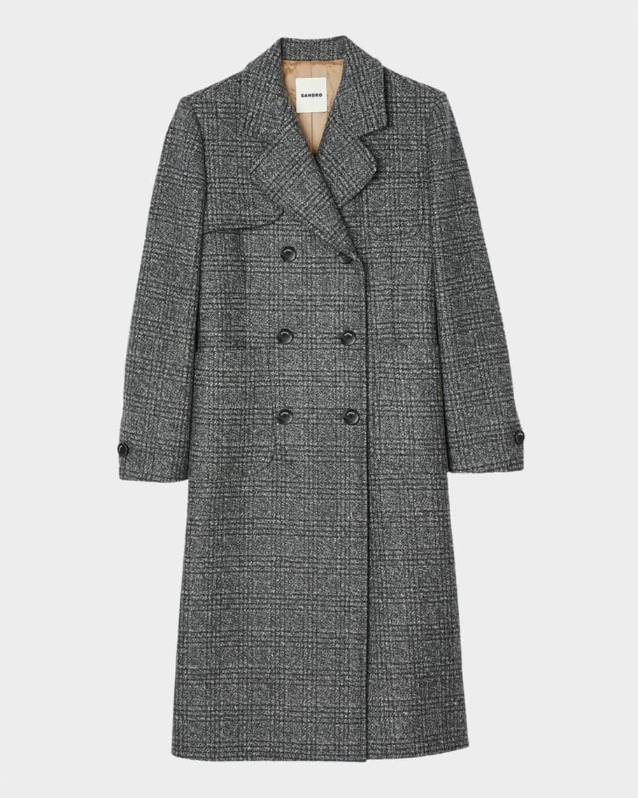 Sandro Stephane Houndstooth Plaid Wool-Blend Overcoat | Neiman Marcus