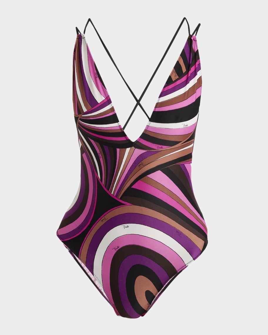 Pucci Iride-Print V-Plunge Backless One-Piece Swimsuit | Neiman Marcus