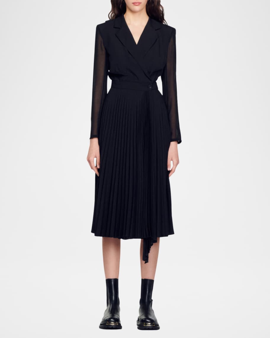 Sandro House Crossover Sheer-Sleeve Pleated Asymmetric Midi Dress | Neiman Marcus