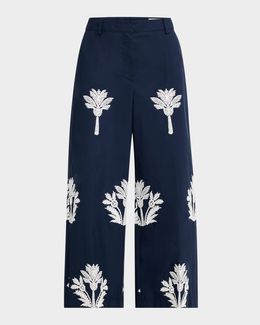Maison Common Palm-Embroidered Cotton Wide-Leg Crop Pants | Neiman Marcus