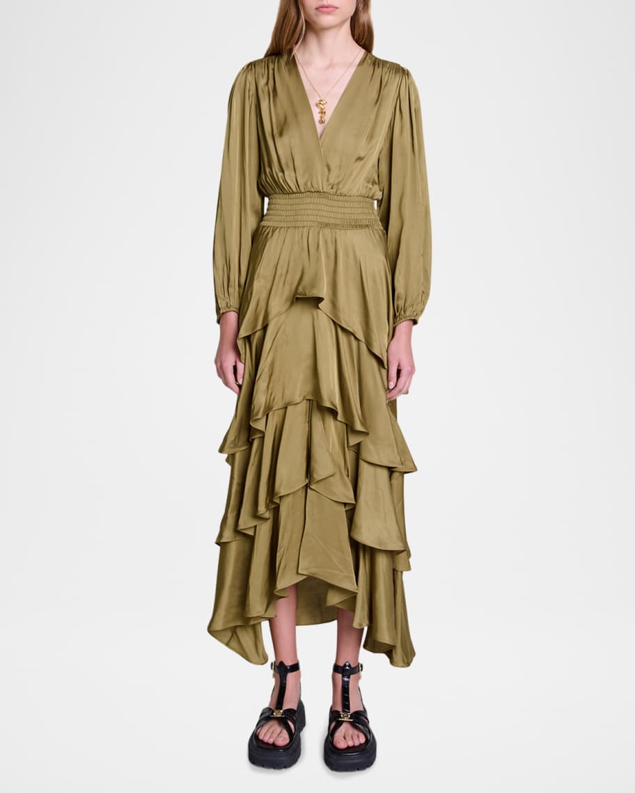 Maje Ruffinello Tiered Ruffle Long-Sleeve Maxi Dress | Neiman Marcus