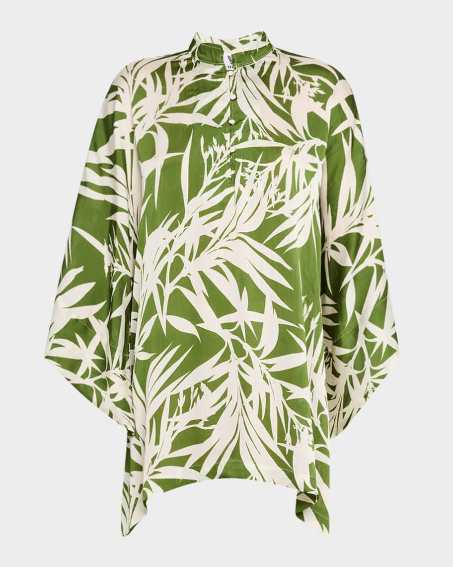 La Vie Style House Leaf-Print Satin Mini Caftan | Neiman Marcus