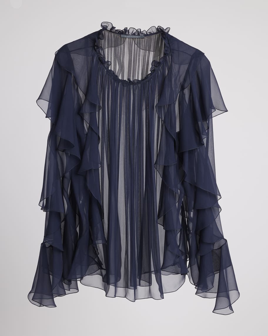 Alberta Ferretti Ruffle Long-Sleeve Silk Blouse | Neiman Marcus