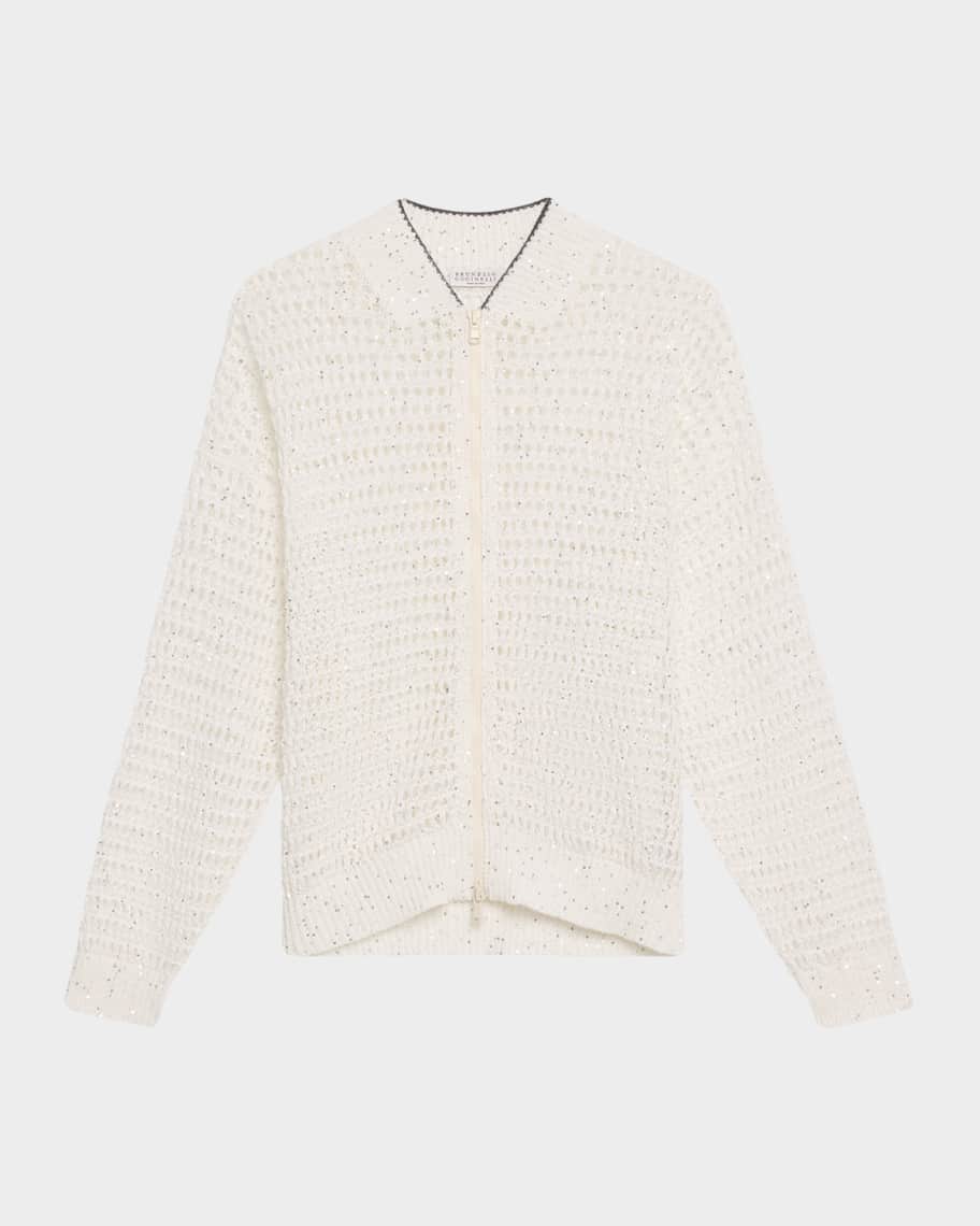 Brunello Cucinelli Linen Paillettes Openwork Net Stitched Cardigan ...