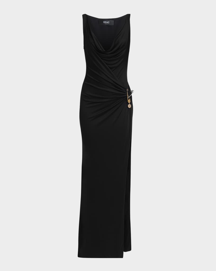 Versace Safety-Pin Draped Responsible Liquid Jersey Gown | Neiman Marcus