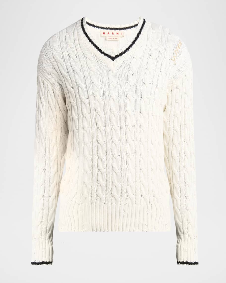Marni Men's Distressed Cable V-Neck Sweater | Neiman Marcus