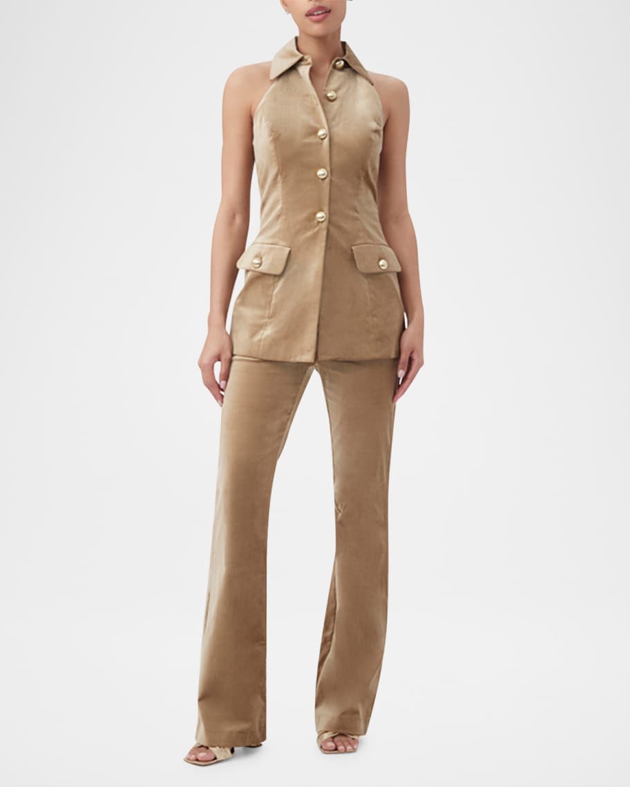 Trina Turk Elainia Button-Down Halter Velveteen Top | Neiman Marcus
