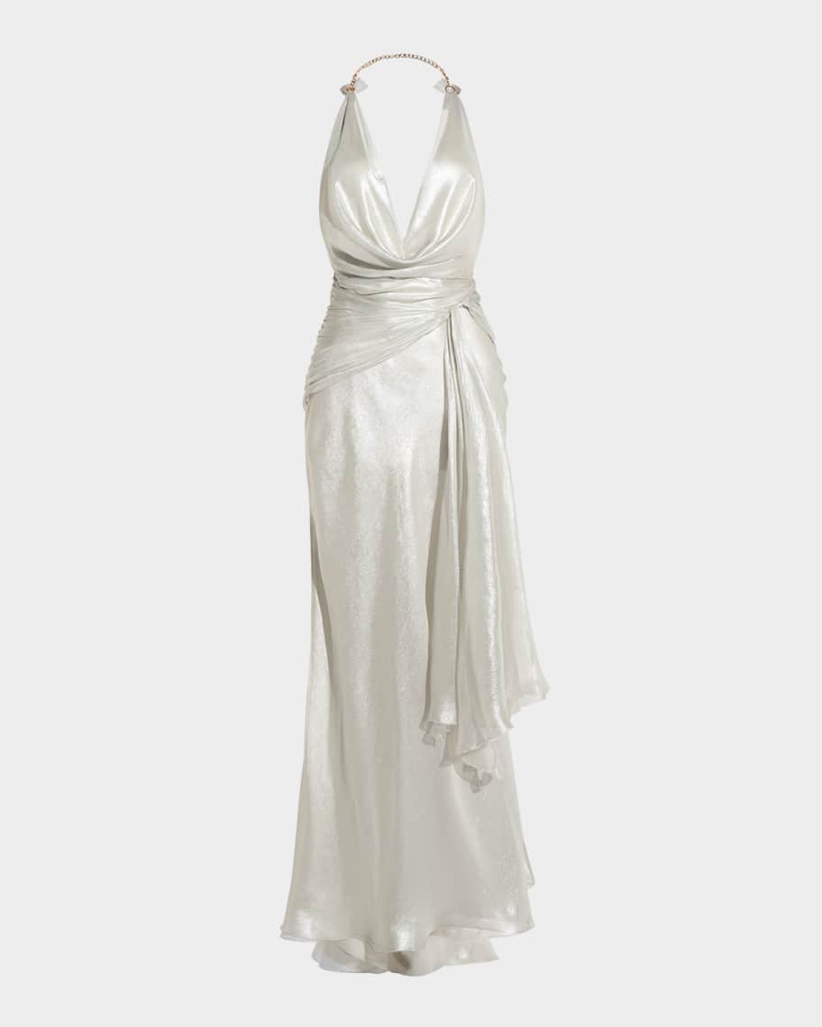 Maria Lucia Hohan Ilaria Metallic Draped Plunging-Halter Backless Gown ...