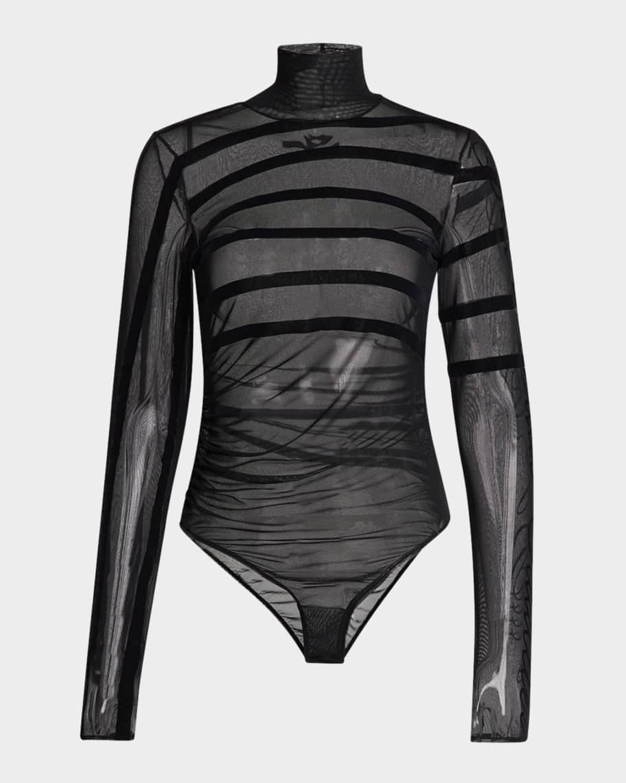 Jean Paul Gaultier Flocked Mariniere Logo Mesh Turtleneck Bodysuit ...