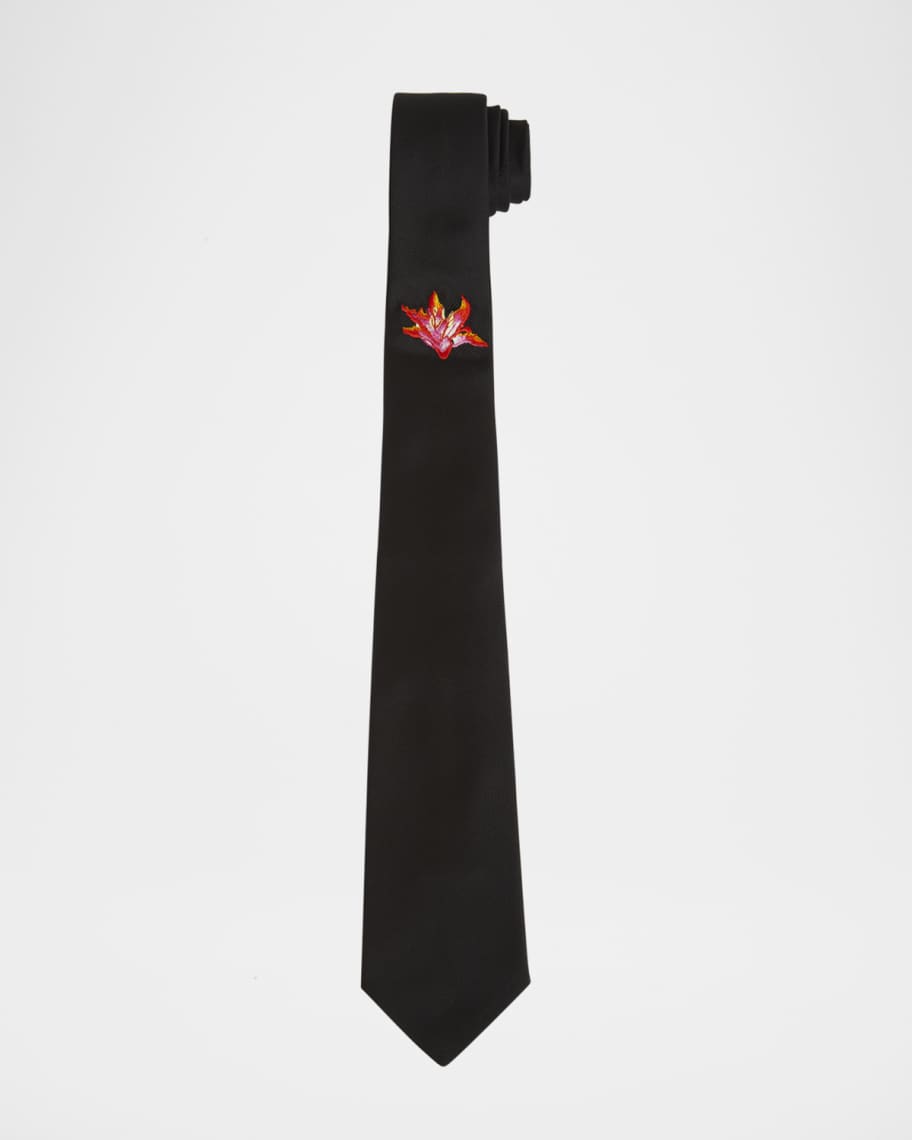 McQueen Men's Embroidered Fire Lily Silk Tie | Neiman Marcus