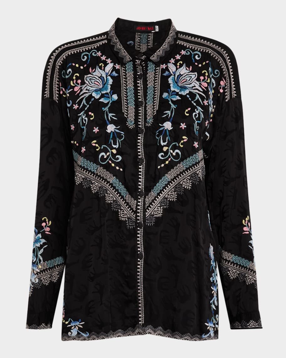 Johnny Was Sanmi Audrey Embroidered Animal-Print Blouse | Neiman Marcus