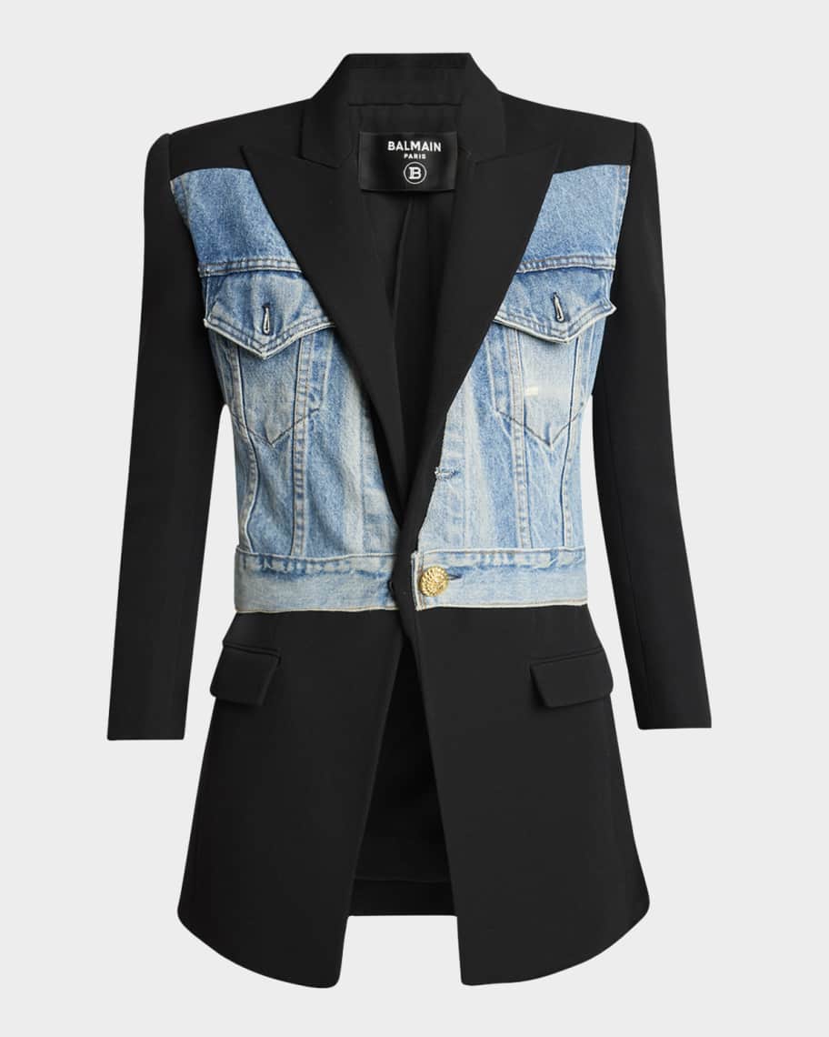 Balmain Long Hybrid Denim Wool Blazer | Neiman Marcus