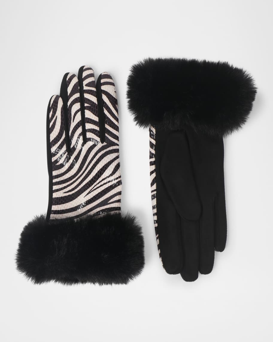 Pia Rossini Finley Zebra-Print Faux Fur Gloves | Neiman Marcus