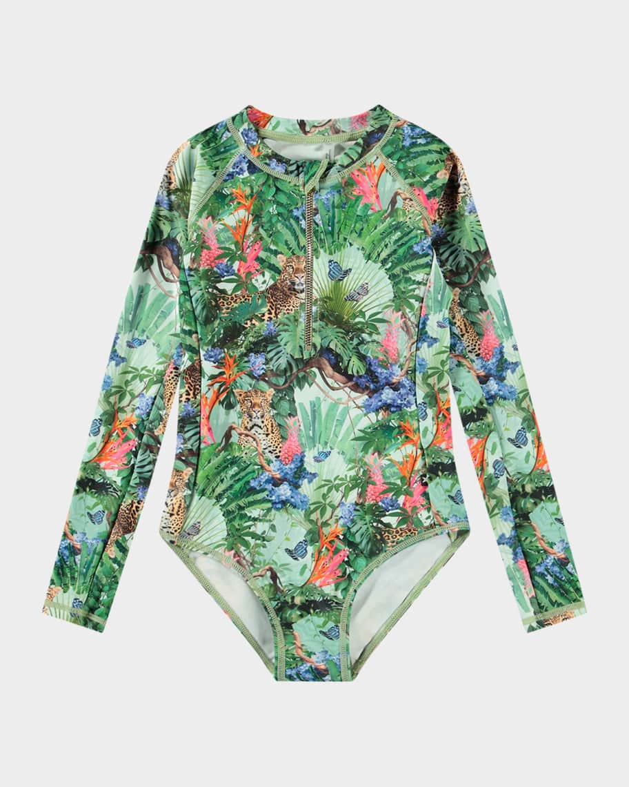 Molo Girl's Necky Long-Sleeve One-Piece Swimsuit, Size 4-7 | Neiman Marcus