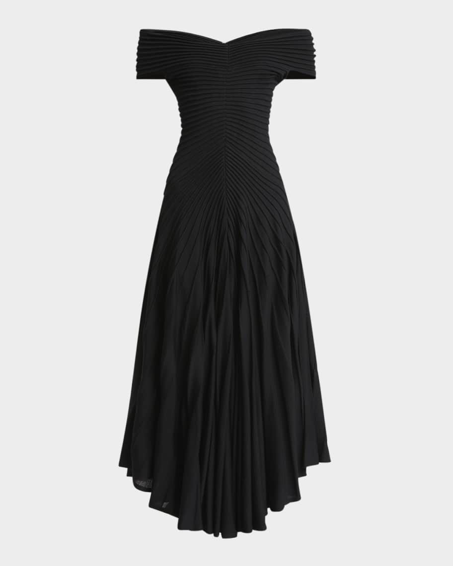 ALAIA Off-Shoulder Sculpting Line Flared Wool Maxi Dress | Neiman Marcus