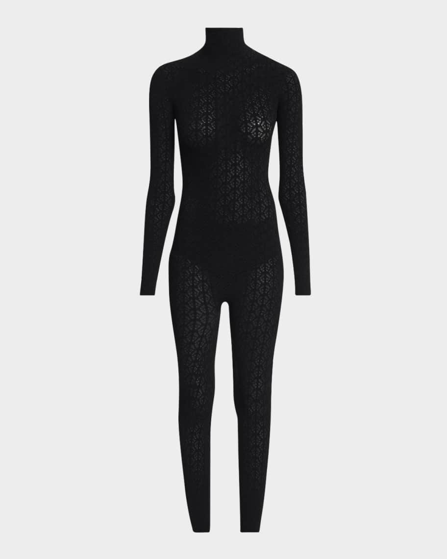 ALAIA Turtleneck Long-Sleeve Lace Knit Catsuit | Neiman Marcus