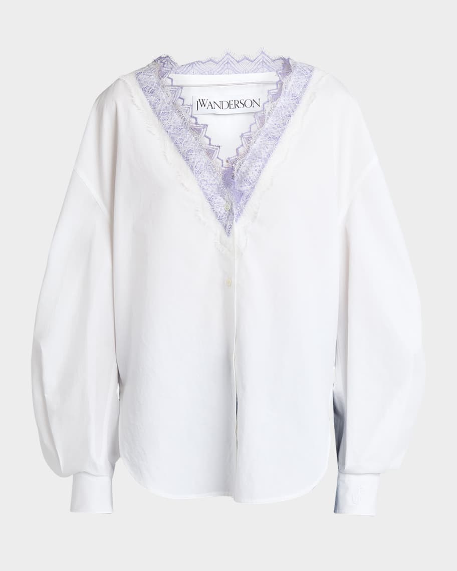 JW Anderson Lace Trim V-Neck Cotton Blouse | Neiman Marcus