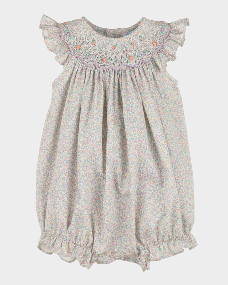 Luli & Me Girl's Floral-Print Smock Bubble Romper, Size 3M-12M | Neiman Marcus
