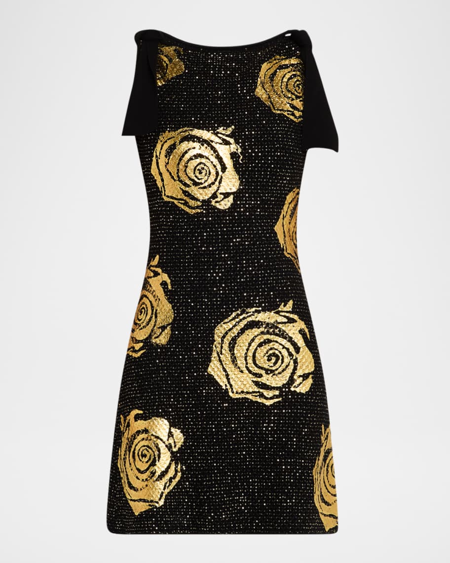 Oscar de la Renta Foil Rose Tie Sleeveless Paillette Knit Mini Dress ...