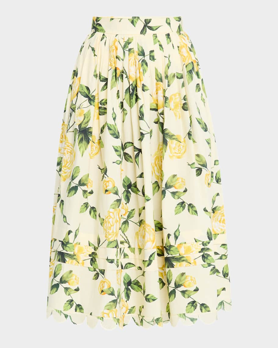 Oscar de la Renta English Roses Pleated Poplin Scallop-Trim Midi Skirt ...