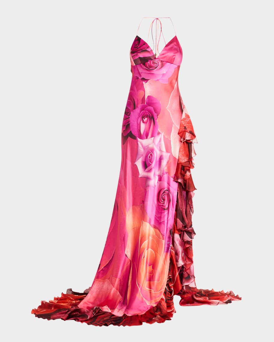 Roberto Cavalli Rose-Print Ruffle Slit Halter Gown | Neiman Marcus