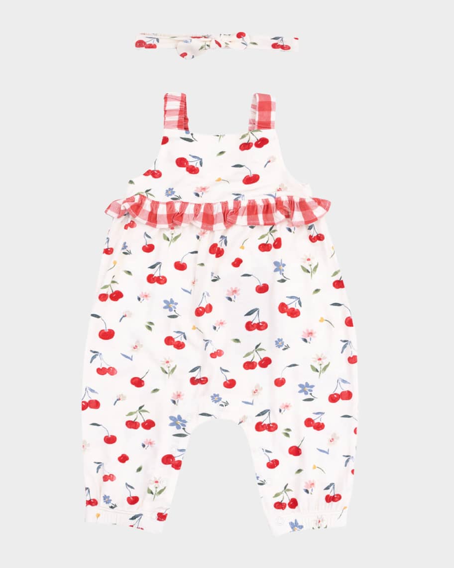Angel Dear Girl's Watercolor Cherries Printed Romper W/ Knot Headband ...