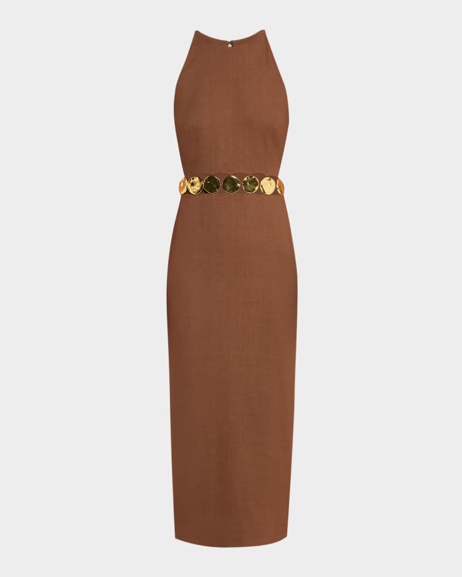 Veronica Beard Isla Gold-Disc Linen Midi Dress | Neiman Marcus