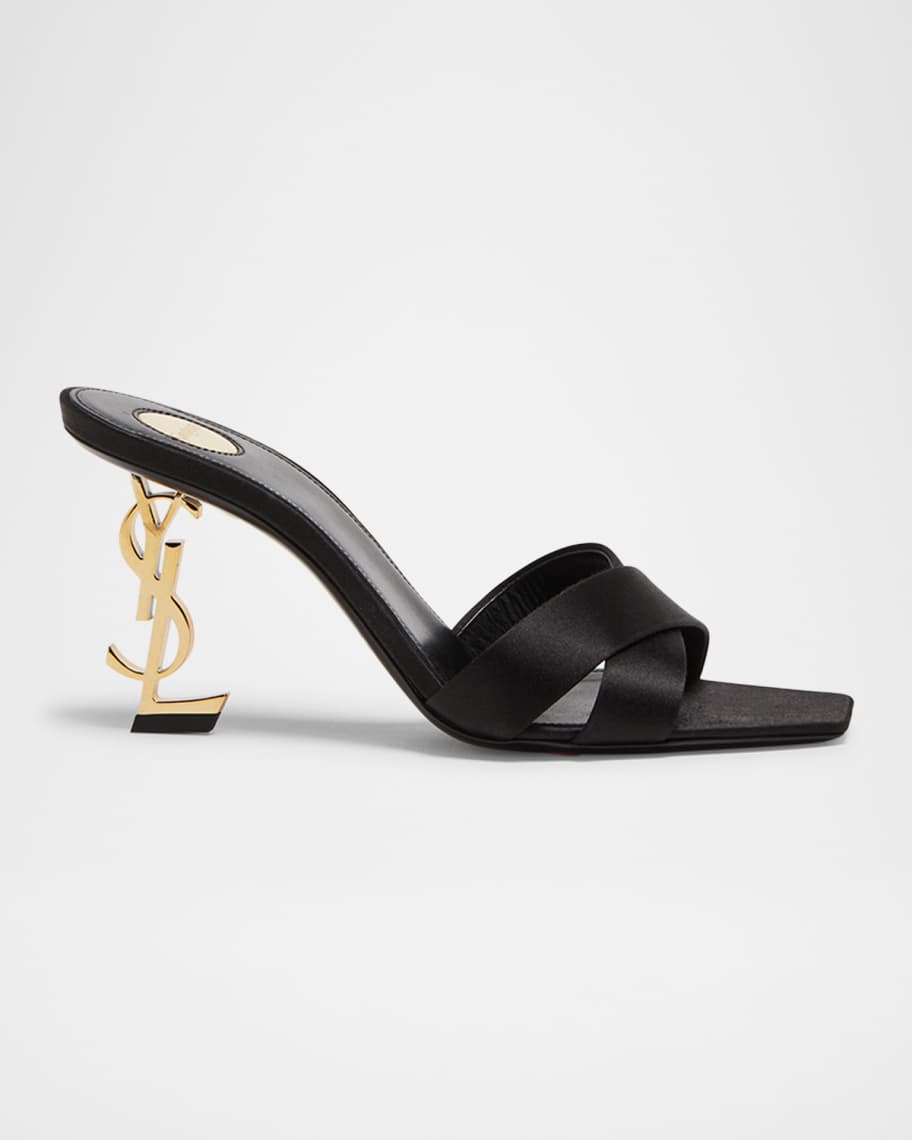 Saint Laurent Opyum YSL Logo-Heel Satin Slide Sandals | Neiman Marcus